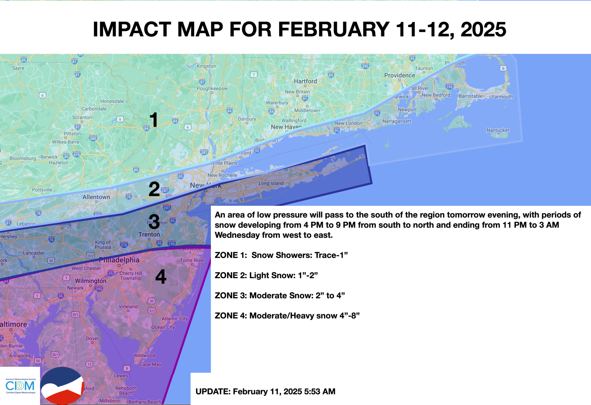 Impact Map For February 11-12, 2025 – NY NJ PA Weather